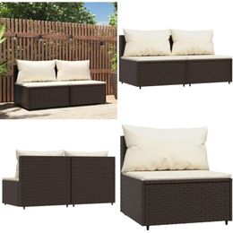 vidaXL Garten-Mittelsofas mit Kissen 2 Stk. Braun Poly Rattan - Mittelsofa - Mittelsofas - Home & Living