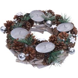 Adventskranz HHG-807, Adventsgesteck Tischkranz Weihnachtsdeko Tischdeko, Holz MVG silber Ø 32cm ohne Kerzen