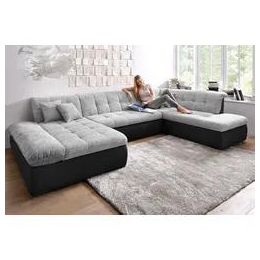 Wohnlandschaft DOMO collection "Moric U-Form auch in Cord" Sofas Gr. B/H/T: 353cm x 80cm x 95cm, Microfaser PRIMABELLE-Struktur, Recamiere links, ohne Funktion, silberfarben (schwarz, silber) im XXL-Format, wahlweise mit Bettfunktion und Armlehnenverstellung