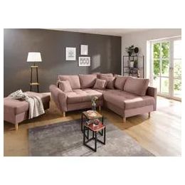 Ecksofa Home Affaire "Rice L-Form" Sofas Gr. B/H/T: 223cm x 47cm x 184cm, Samt, Ottomane beidseitig montierbar, rosa (rosé) mit Bonnellfederkern, Hocker & Kissen, Ottomane beidseitig montierbar