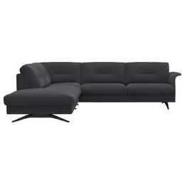 Ecksofa FLEXLUX "Glow bequem und komfortabel durch hochwertigen Sitzaufbau, L-Form" Sofas Gr. B/H/T: 268cm x 81cm x 224cm, Lederoptik, Ottomane rechts, Armlehnen in Walnuss, schwarz (gorilla schwarz) Skandinavisches Design, In hochwertiger Verarbeitung