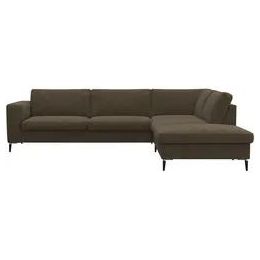 Ecksofa FLEXLUX "Fiore, super Sitzkomfort durch Kaltschaum im Sitz, L-Form" Sofas Gr. B/H/T: 273cm x 85cm x 225cm, Lederoptik, Ottomane rechts, braun (camel braun) breite Armlehnen, Füße Alu+schwarz