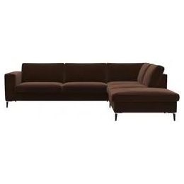 Ecksofa FLEXLUX "Fiore, super Sitzkomfort durch Kaltschaum im Sitz, L-Form" Sofas Gr. B/H/T: 273cm x 85cm x 225cm, Velvet, Ottomane rechts, braun (tobacco) breite Armlehnen, Füße Alu+schwarz