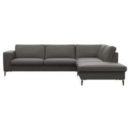 Ecksofa FLEXLUX "Fiore, super Sitzkomfort durch Kaltschaum im Sitz, L-Form" Sofas Gr. B/H/T: 273cm x 85cm x 225cm, Echtleder, Ottomane rechts, grau (warm mineral) breite Armlehnen, Füße Alu+schwarz