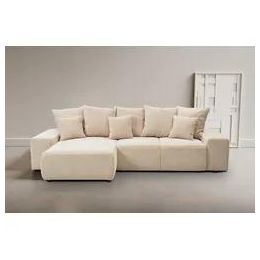 Ecksofa Inosign "Riwa" Sofas Gr. B/H/T: 300cm x 76cm x 150cm, Cord, Ottomane links, Ottomane links, beige (natur) Trendiges Ecksofa mit vielen Kissen, Schlaffunktion & Bettkasten