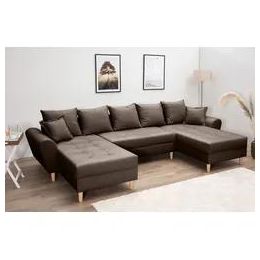 Wohnlandschaft Collection AB "Raisa U-Form" Sofas Gr. B/H/T: 314cm x 45cm x 158cm, Microvelours, Mit Federkern, braun (dunkelbraun) mit Federkern, Kissen und Steppung im Sitzbereich