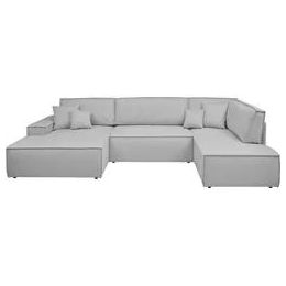 Wohnlandschaft Andas "FINNLEY U-Form XXL 329 cm, Schlafsofa, Schlaffunktion m. Bettkasten" Sofas Gr. B/H/T: 329cm x 85cm x 195cm, Struktur fein, Ottomane links-langer Schenkel rechts, silberfarben (silber) (194139 cm), Bouclé, Struktur und Cord