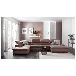 Wohnlandschaft Home Affaire "Alberto U-Form" Sofas Gr. B/H/T: 350cm x 73cm x 228cm, Luxus-Microfaser ALTARA NUBUCK, Recamiere rechts, ohne Bettfunktion, braun (nougat) mit Kopfteilverstellung, wahlweise Bettfunktion