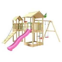 Spielturm Jungle Gym "Nova" Spieltürme pink (fuchsia) Kinder Spielanlage mit 2 Türmen, Schaukel und Rutsche Wasseranschluss