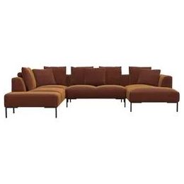 Ecksofa FLEXLUX "Sava U-Form, bequem und komfortabel durch den hochwertigen Sitzaufbau" Sofas Gr. B/H/T: 370cm x 94cm x 222cm, Velvet, langer Schenkel links, braun (cognac) Schwarze Metallfüße, mit losen Rückenkissen, Luxuriöses Sitzkomfort