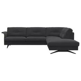 Ecksofa FLEXLUX "Glow bequem und komfortabel durch hochwertigen Sitzaufbau, L-Form" Sofas Gr. B/H/T: 268cm x 81cm x 224cm, Lederoptik, Ottomane links, Armlehnen in Walnuss, schwarz (gorilla schwarz) Skandinavisches Design, In hochwertiger Verarbeitung