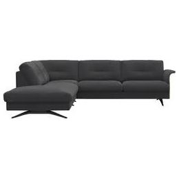 Ecksofa FLEXLUX "Glow bequem und komfortabel durch hochwertigen Sitzaufbau, L-Form" Sofas Gr. B/H/T: 268cm x 81cm x 224cm, Lederoptik, Ottomane rechts, Armlehnen in Walnuss, grau (shark grau) Skandinavisches Design, In hochwertiger Verarbeitung