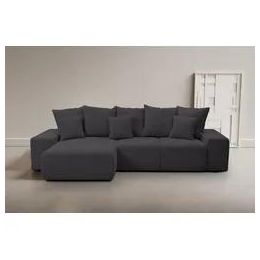 Ecksofa Inosign "Riwa" Sofas Gr. B/H/T: 300cm x 76cm x 150cm, Cord, Ottomane links, Ottomane links, grau (anthrazit) Trendiges Ecksofa mit vielen Kissen, Schlaffunktion & Bettkasten