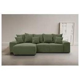 Ecksofa Inosign "Riwa" Sofas Gr. B/H/T: 300cm x 76cm x 150cm, Struktur fein, Ottomane links, Ottomane links, grün (mayfly) Trendiges Ecksofa mit vielen Kissen, Schlaffunktion & Bettkasten