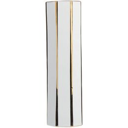 Beliani - Blumenvase Weiß mit Gold Keramik 12 x 40 cm mit eckiger Grundfläche Vertikale Linien Modern