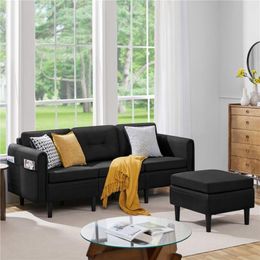 Ecksofa 3-Sitzer Sofa mit Polsterhocker aus Leinenstoff Eckcouch in L-Form Rechts/Links fürs Wohnzimmer/Schlafzimmer/Wohnung, Schwarz - Yaheetech