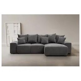 Ecksofa Inosign "Riwa" Sofas Gr. B/H/T: 300cm x 76cm x 150cm, Struktur fein, Ottomane rechts, Ottomane rechts, schwarz (jet schwarz) Trendiges Ecksofa mit vielen Kissen, Schlaffunktion & Bettkasten