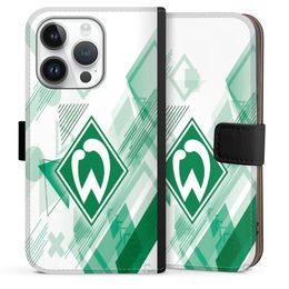 DeinDesign iPhone 14 Pro Handy Klapph&uuml;lle Handyh&uuml;lle aus Kunst Leder schwarz Flip Case Official Licensed Product Sv Werder Bremen Muster Sideflip mit langer 