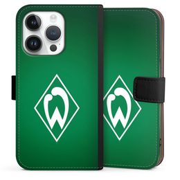 DeinDesign iPhone 14 Pro Handy Klapph&uuml;lle Handyh&uuml;lle aus Kunst Leder schwarz Flip Case Merchandise Sv Werder Bremen Logo Sideflip mit langer Lasche