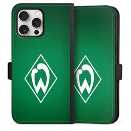 DeinDesign iPhone 15 Pro Max Handy Klapph&uuml;lle Handyh&uuml;lle aus Kunst Leder schwarz Flip Case Merchandise Sv Werder Bremen Logo Sideflip mit Lasche