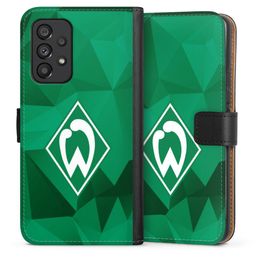 DeinDesign Galaxy A53 5G Handy Klapph&uuml;lle Handyh&uuml;lle aus Kunst Leder schwarz Flip Case Official Licensed Product Camouflage Sv Werder Bremen Sideflip mit langer 
