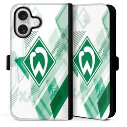 DeinDesign iPhone 16 Handy Klapph&uuml;lle Handyh&uuml;lle aus Kunst Leder schwarz Flip Case Official Licensed Product Sv Werder Bremen Muster Sideflip mit Lasche