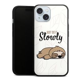 DeinDesign iPhone 15 Handy Premium Silikon H&uuml;lle Handyh&uuml;lle schwarz Case Animals Sloth Lazy Sunday Silikon Premium Case