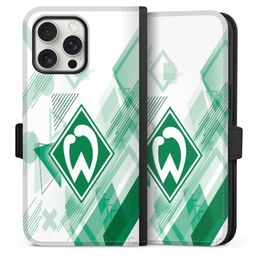 DeinDesign iPhone 15 Pro Max Handy Klapph&uuml;lle Handyh&uuml;lle aus Kunst Leder schwarz Flip Case Official Licensed Product Sv Werder Bremen Muster Sideflip mit Lasche