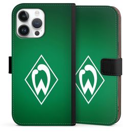 DeinDesign iPhone 14 Pro Max Handy Klapph&uuml;lle Handyh&uuml;lle aus Kunst Leder schwarz Flip Case Merchandise Sv Werder Bremen Logo Sideflip mit Lasche