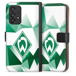 DeinDesign Galaxy A53 5G Handy Klapph&uuml;lle Handyh&uuml;lle aus Kunst Leder schwarz Flip Case Tarnmuster Official Licensed Product Sv Werder Bremen Sideflip mit langer 