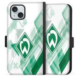DeinDesign iPhone 15 Handy Klapph&uuml;lle Handyh&uuml;lle aus Kunst Leder schwarz Flip Case Official Licensed Product Sv Werder Bremen Muster Sideflip mit Lasche