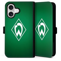 DeinDesign iPhone 16 Handy Klapph&uuml;lle Handyh&uuml;lle aus Kunst Leder schwarz Flip Case Merchandise Sv Werder Bremen Logo Sideflip mit Lasche
