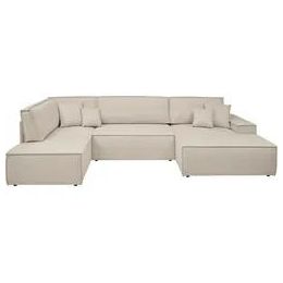 Wohnlandschaft Andas "FINNLEY U-Form XXL 329 cm, Schlafsofa, Schlaffunktion m. Bettkasten" Sofas Gr. B/H/T: 329cm x 85cm x 195cm, Struktur fein, Ottomane rechts-langer Schenkel links, beige (creme) (194139 cm), Bouclé, Struktur und Cord