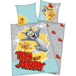 Kinderbettwäsche "Tom & Jerry" Bettwäsche Gr. B/L: 135cm x 200cm, , Linon, B/L: 80cm x 80cm, grau mit witzigem Tom & Jerry Motiv