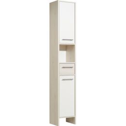 Hochschrank SAPHIR "Quickset 350 Badschrank 33 cm breit, 2 Türen, 1 Schublade, Nische" Schränke Gr. B/H/T: 33cm x 195,5cm x 28cm, 2 St., beige (pinie ida hell, weiß glanz) Badezimmer-Hochschrank, Pinie Ida Griffe alufarbig