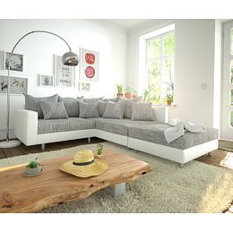 DeLife Ecksofa Clovis Weiss Hellgrau modular Hocker Armlehne Ottomane Rechts