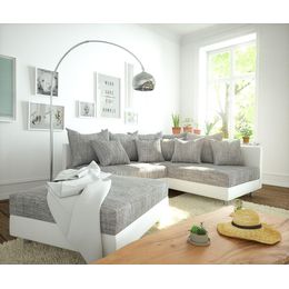 DeLife Ecksofa Clovis Weiss Hellgrau Hocker Ottomane Rechts modular