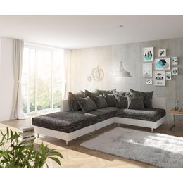 DeLife Ecksofa Clovis Weiss Schwarz mit Hocker Ottomane Links