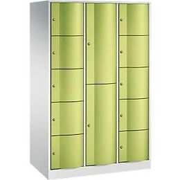 C+P Kombi-Schließfachschrank Resisto, 3 Abteile, 12 Fächer, B 1148 x T 640 x H 1950 mm, Lichtgrau/Clowngrün