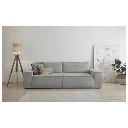 3-Sitzer Home Affaire "SHERWOOD Schlafsofa (257cm) Cord, Samtvelours, Vintage-Lederoptik" Sofas Gr. B/H/T: 257cm x 85cm x 106cm, Cord, grau (hellgrau) Liegefläche ca. 136200cm und Bettkasten.