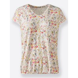 WITT Damen Print-Shirt mit kleinem V und Raffung am Ausschnitt, ecru-bedruckt, Gr&ouml;&szlig;e 54