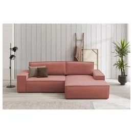 Ecksofa Home Affaire "SHERWOOD Schlafsofa 267 cm, L-Form" Sofas Gr. B/H/T: 267cm x 85cm x 167cm, Samtvelours, Recamiere rechts, rot (coral) Schlaffunktion mit Bettkasten (210x136 cm), Cord, Vintage, Samtvelours