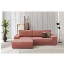 Ecksofa Home Affaire "SHERWOOD Schlafsofa 267 cm, L-Form" Sofas Gr. B/H/T: 267cm x 85cm x 167cm, Samtvelours, Recamiere links, rot (coral) Schlaffunktion mit Bettkasten (210x136 cm), Cord, Vintage, Samtvelours