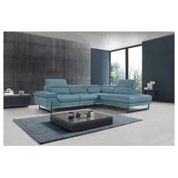 Ecksofa Egoitaliano "Queenie, extravagantes Sofa mit erstklassigem Sitzkomfort" Sofas Gr. B/H/T: 284cm x 95cm x 108cm, Luxus-Microfaser in Lederoptik, Ottomane rechts, blau (hellblau) mit verstellbarer Armlehne und Kopfteilen für Wohlfühlkomfort