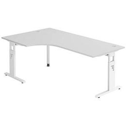 Hammerbacher Gradeo höhenverstellbarer Schreibtisch lichtgrau L-Form, C-Fuß-Gestell weiß 200,0 x 80,0/120,0 cm