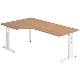 Hammerbacher Gradeo höhenverstellbarer Schreibtisch nussbaum L-Form, C-Fuß-Gestell weiß 200,0 x 80,0/120,0 cm