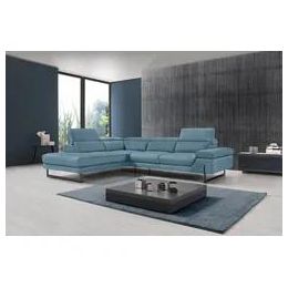 Ecksofa Egoitaliano "Queenie, extravagantes Sofa mit erstklassigem Sitzkomfort" Sofas Gr. B/H/T: 284cm x 95cm x 108cm, Luxus-Microfaser in Lederoptik, Ottomane links, blau (hellblau) mit verstellbarer Armlehne und Kopfteilen für Wohlfühlkomfort