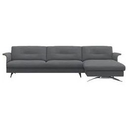 Ecksofa FLEXLUX "Glow Designsofa, bequem und komfortabel durch hochwertigen Sitzaufbau" Sofas Gr. B/H/T: 305cm x 81cm x 158cm, Lederoptik, Chaiselongue rechts, grau (elephant grau) L-Form, Modernes skandinavisches Design