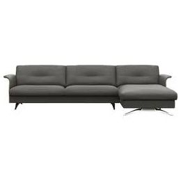 Ecksofa FLEXLUX "Glow Designsofa, bequem und komfortabel durch hochwertigen Sitzaufbau" Sofas Gr. B/H/T: 305cm x 81cm x 158cm, Echtleder, Chaiselongue rechts, grau (warm mineral grau) L-Form, Modernes skandinavisches Design