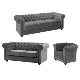 Sofa 3-Sitzer & 2-Sitzer & Sessel - Samt - Anthrazit - CHESTERFIELD